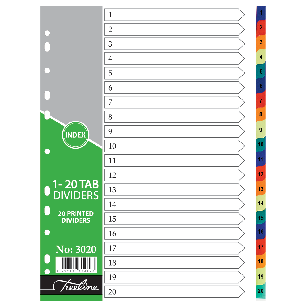 Dividers PVC Printed 160 Micron A4 Index 1 to 20 Rainbow Assorted ...