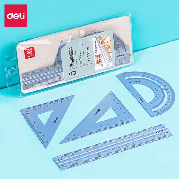 Metal Maths Set 4Pcs 15cm Ruler, 2xSet Square and Protractor Blue ...