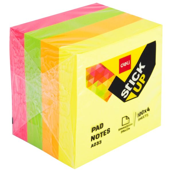 Sticky Notes 51mmx51mm, 4x100 Sheets Asst. Neon Colors - City ...